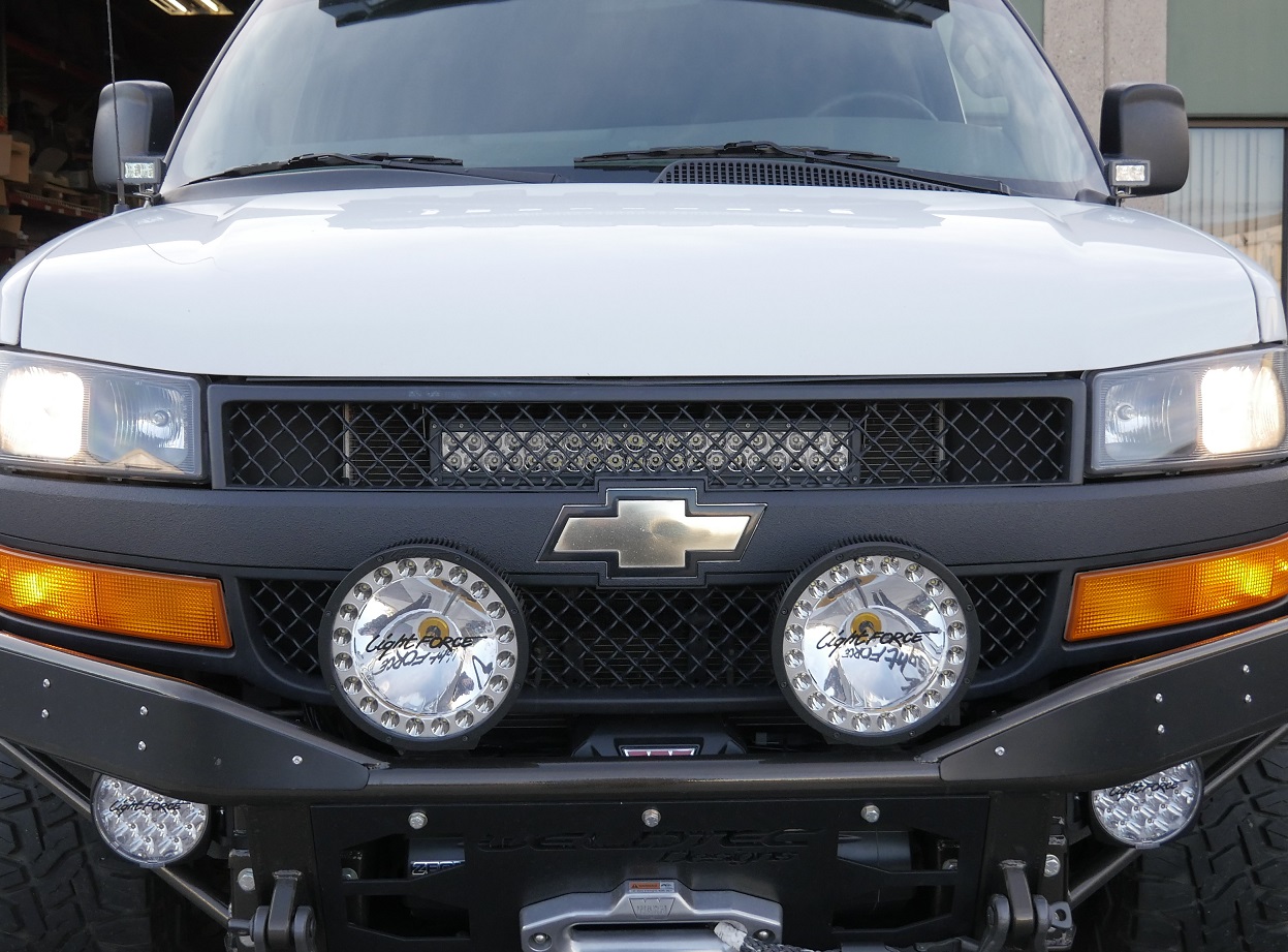 Front-Of-Chevy-Express-Van-showing-stealth-series-LED-Bar-brackets-for ...